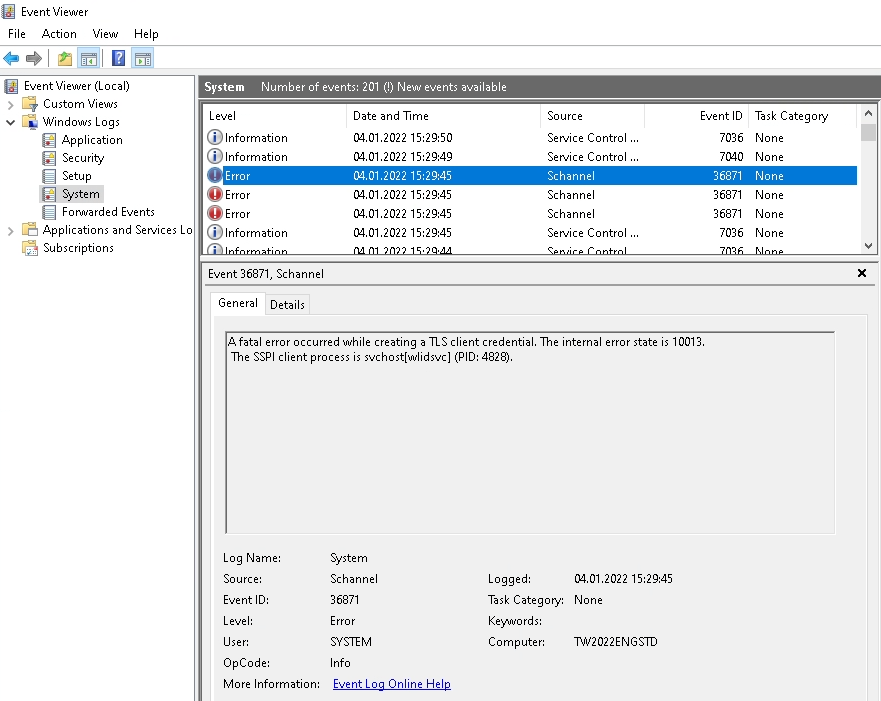Windows Server 2022: Schannel Fehler 36871 - Frankys Web